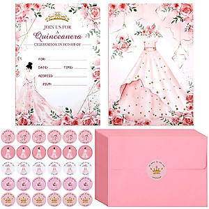 24 Sets Quinceanera Invitations Kit Include Quinceanera Invitation Cards with Envelopes and Stickers Crown Princess Rose Quinceanera Card Invitations for Quinceanera Bridal Shower Birthday Invite
