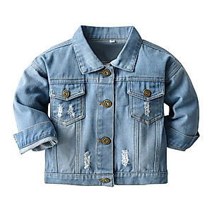 IMEKIS Toddler Baby Denim Jackets Button Down Jeans Coat Ripped Hooded Top Fall Cowboy Outwear Clothes for Kids Girls Boys Hoodie Outfit Autumn Casual Trendy Trucker Jackets Light Blue 12-18 Months