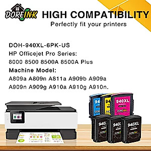 DOREINK 940 940XL Compatible for HP Ink Cartridge High Yield Work with Officejet Pro 8500 8500A 8000 Plus Machine A910a A909a A809a A811a A909g Printer (3 Black 1 Cyan 1 Megenta 1 Yellow, 6 Pack)