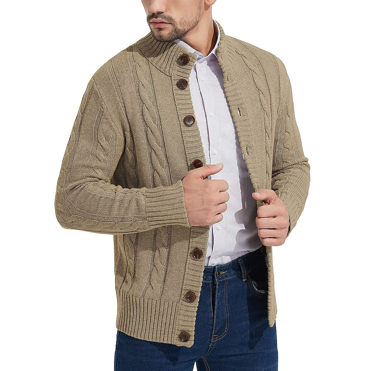 NITAGUT Mens Long Sleeve Stand Collar Cardigan Sweaters Button Down Cable Knitted Sweater,Khaki,Large