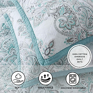 KASENTEX Authentic 100% Cotton 3-Piece Oversized Twin XL Quilt Set Soft Bedspread Coverlet Sets (Blue Paisley, 80X106+20X26 X2)