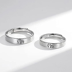QINGDUO Personalized Name Date Matching Promise Rings for Couples 925 Sterling Silver Wedding Band Sets Him Her Cute Kitten Valentine's Day Birthday Gift Wife Husband,Adjustable Size 5-8 (QD-KT612KZ)