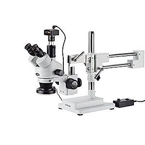 AmScope 7X-45X Simul-Focal Stereo Zoom Microscope on Dual Arm Boom Stand with 144-LED Ring Light and 10MP Camera
