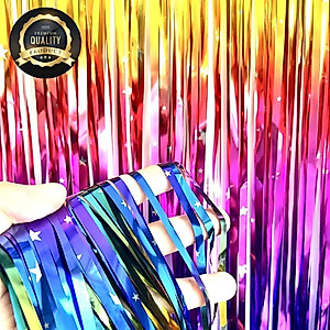Sparkling Neon Rainbow Foil Fringe Curtain Backdrop Metallic Streamers Photo Booth Props for Birthday Bachelorette Gay Pride Day Graduation Wedding 80s 90s Disco Party Decorations- 2 Packs (3.3x6.6Ft)