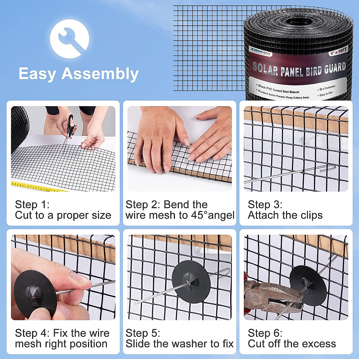 ZeroPone 8inch x 100ft Solar Panel Bird Guard,Critter Guard for Solar Panels w/ 100pcs Stainless Steel Fasteners,Removable PVC Coated Guard Wire for Squirrel,Bird,Critters Proofing