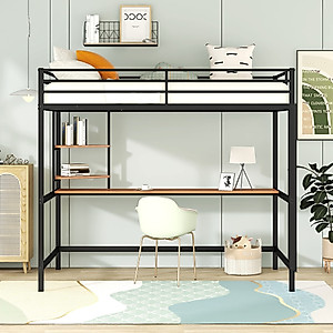 GLORHOME Full Size Metal Loft Bed with Desk, Modern Style and Safety Features for Kids and Teens, Turn Any Space into a Workstation or Lounge Area,Black