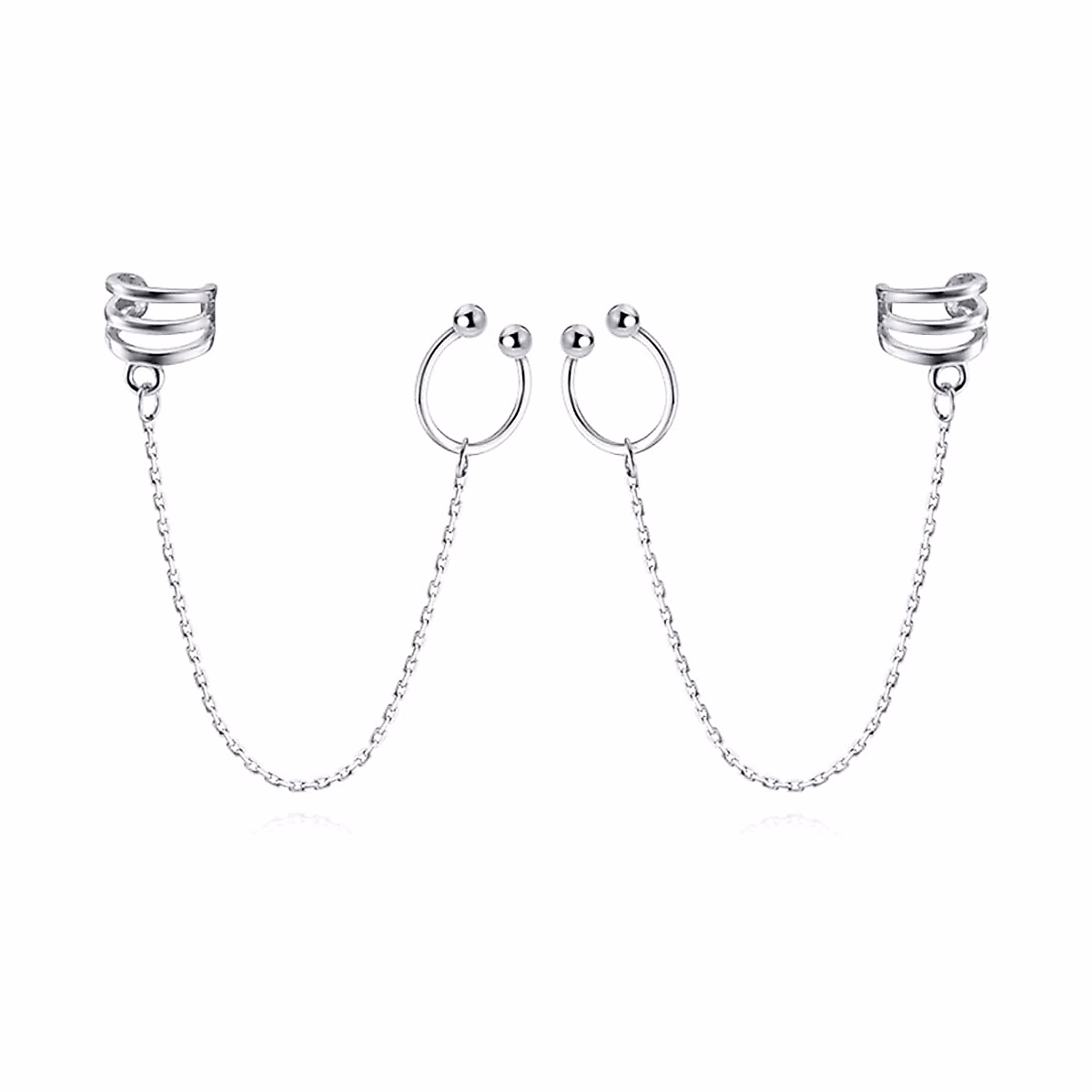 Reffeer Solid 925 Sterling Silver Cuff Chain Earrings Wraps for Women Wrap Earrings Non Piercing Ear Cuffs (A-Silver)