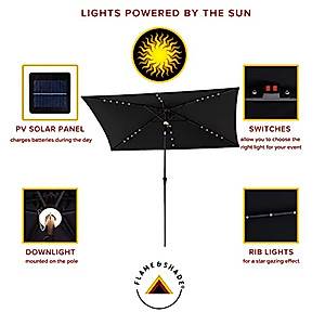 FLAME&SHADE 6.5 x 10 ft Rectangular Solar Powered Outdoor Market Patio Table Umbrella with LED Lights and Tilt, Black