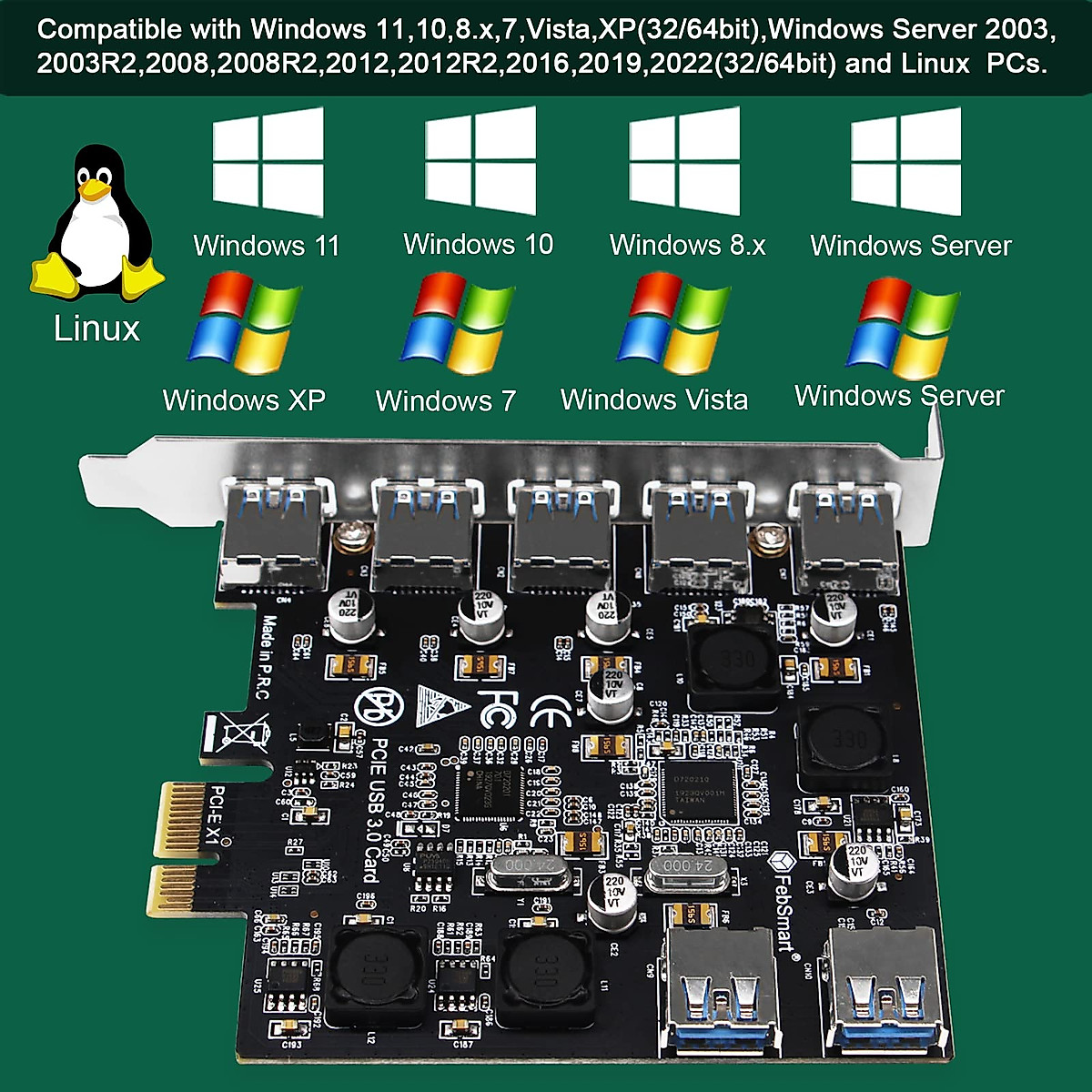 FebSmart 7-Ports Superspeed 5Gbps PCIE USB 3.0 Expansion Card for Windows 11, 10, 8.x, 7, Vista, XP Desktop PCs, Built in FebSmart Self-Powered Technology, No Need Additional Power Supply (FS-U7-Pro)