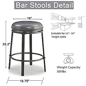 OUllUO Swivel Bar Stools Set of 2, 25 Inch Backless Counter Bar Height Stools, PU Leather Round Kitchen Counter Stools, Industrial Kitchen Island Stools with Metal Base, 520P-SGPU, Grey, 2Pcs
