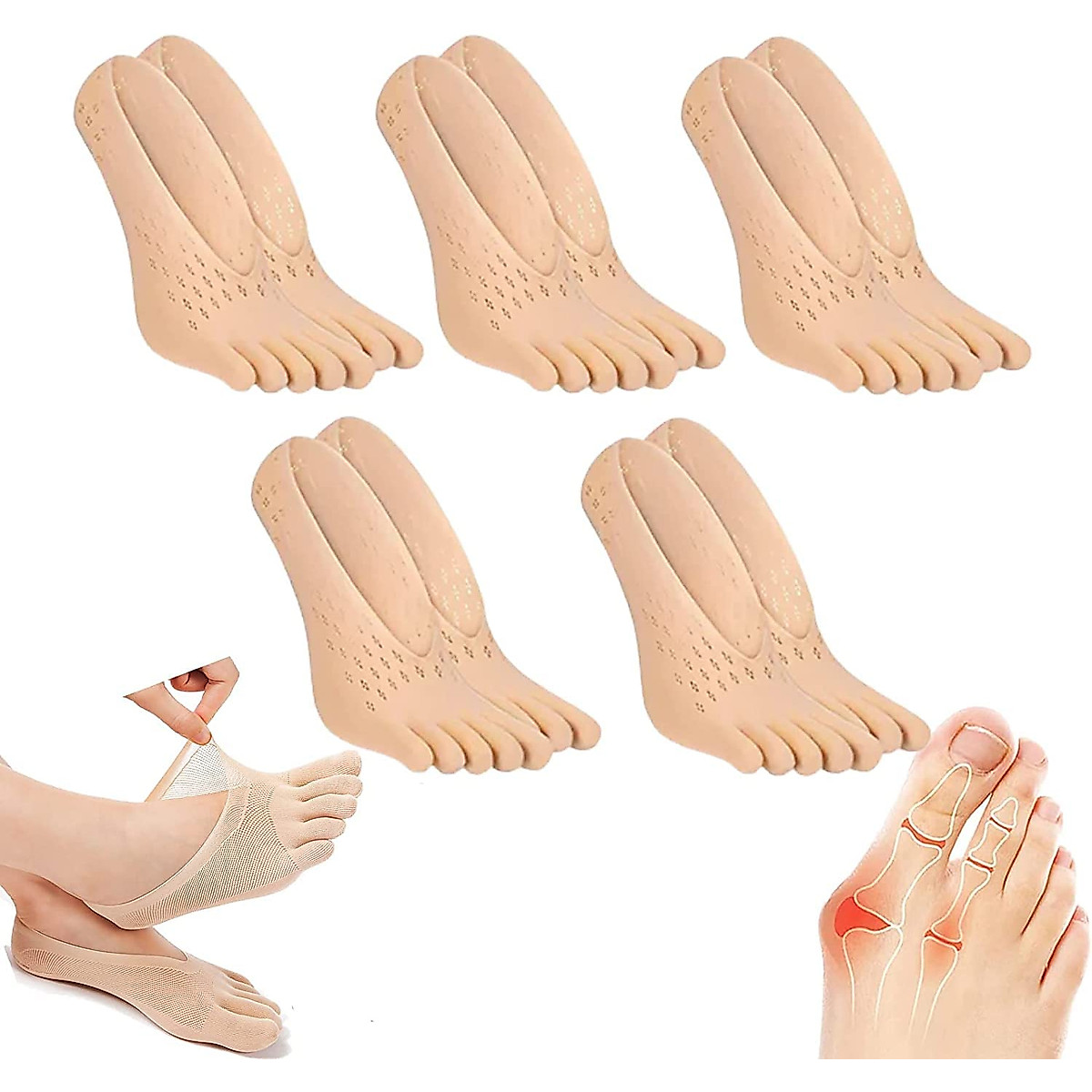 5 Pairs Sock Align Toe Socks for Bunion,Orthopedic Compression Socks,Projoint Antibunions Health Sock,Women Toe Socks No Show Low Cut Five Finger Socks (5Pairs-E)