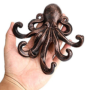 Sumnacon 6 Inch Cast Iron Octopus Decorative Coat Hook - Wall Mounted Nautical Hand Towel Rack Holder with Screws, Rustic Metal Clothing Hanger for Bedroom/Bathroom/Kitchen/Balcony, Red Bronze