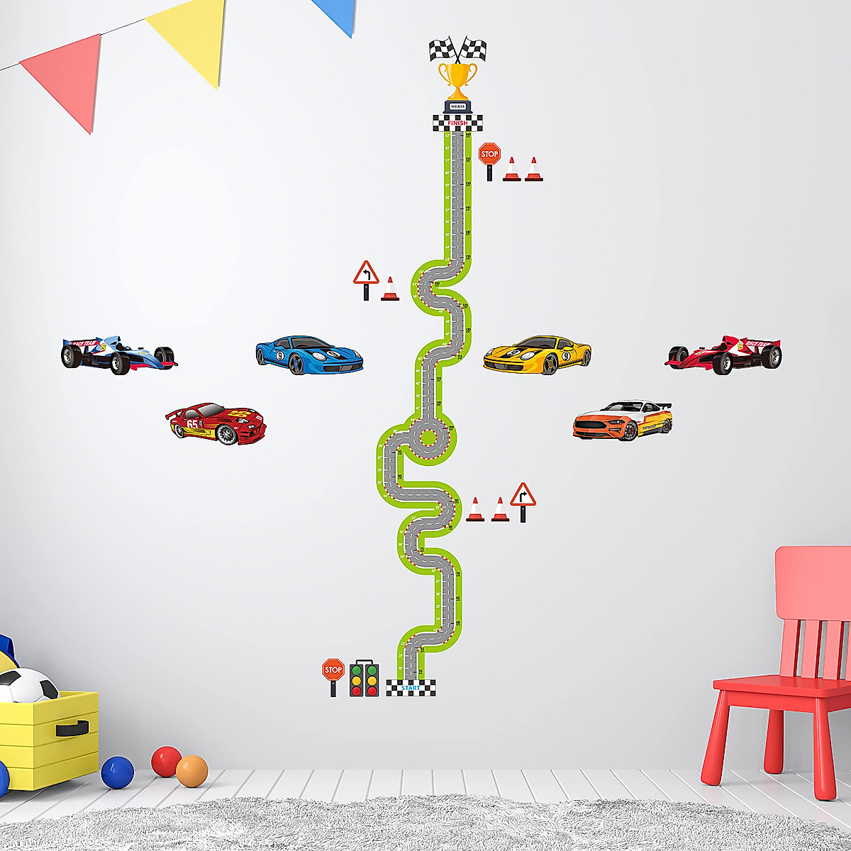 DECOWALL DA-1911 Racing Track Height Growth Chart Kids Wall Stickers Wall Decals Peel and Stick Removable Wall Stickers for Kids Nursery Bedroom Living Room d?cor