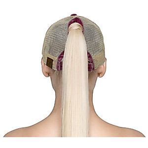 Ponytail Messy Bun Trucker Ponycap: Mesh - Burgundy w/Beige Mesh