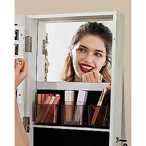 SONGMICS 360° Swivel Jewelry Cabinet, Lockable Jewelry Organizer with Full-Length Mirror, Rear Storage Shelves, Interior Mirror, Jewelry Armoire, Gift Idea, White with Gray Wood Grain UJJC006W01