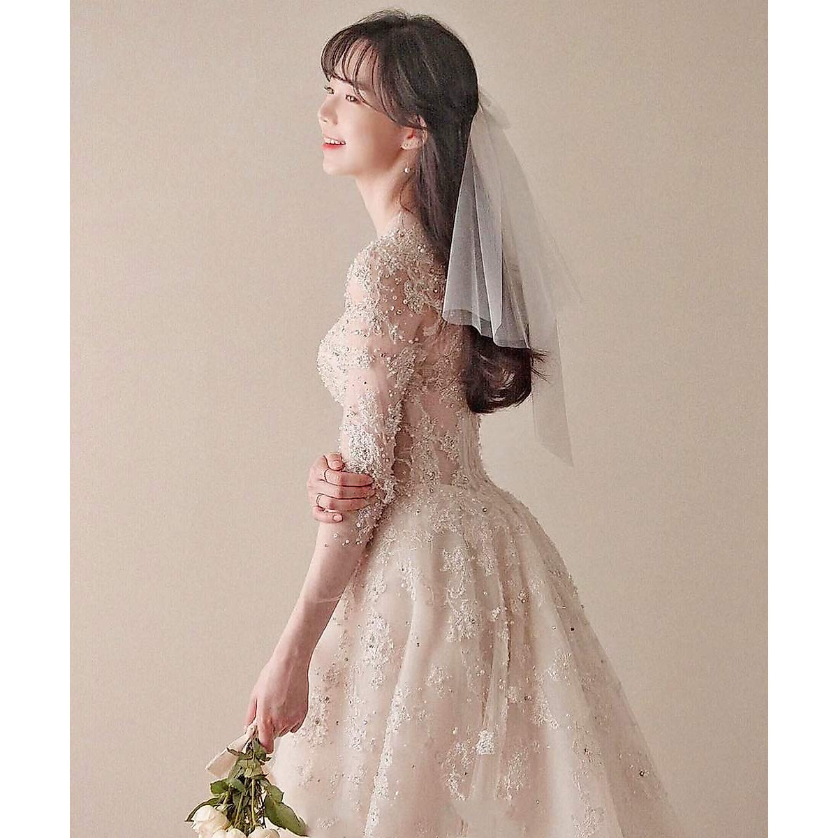 takemay Wedding Veil for Brides, Short White 2 Tier Tulle with Bow Hair Clip