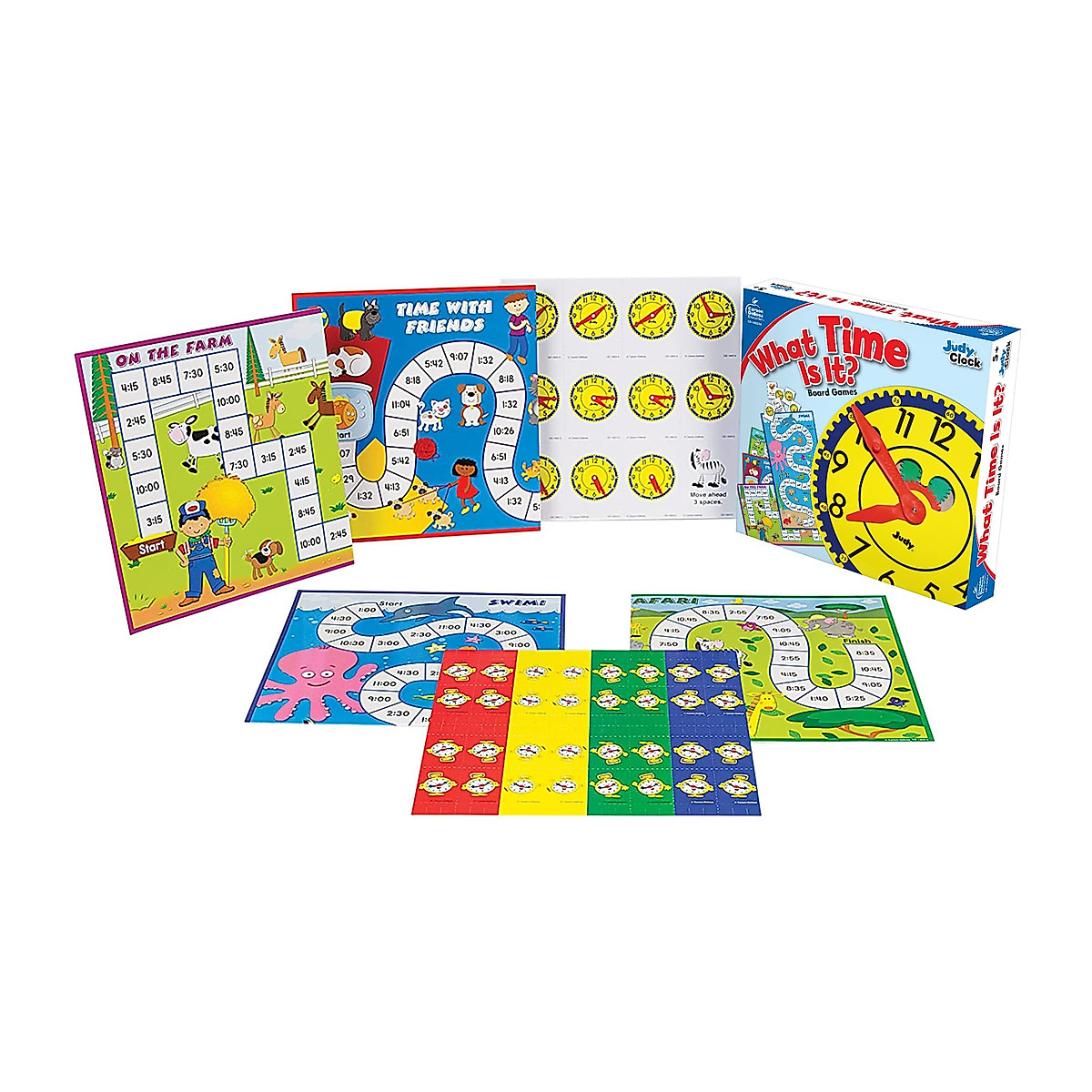 Carson Dellosa What Time Is It? Judy Clock Teaching Time Board Game, 4 Educational Games for Telling Time, Kindergarten and Elementary Board Games for Kids Ages 5+