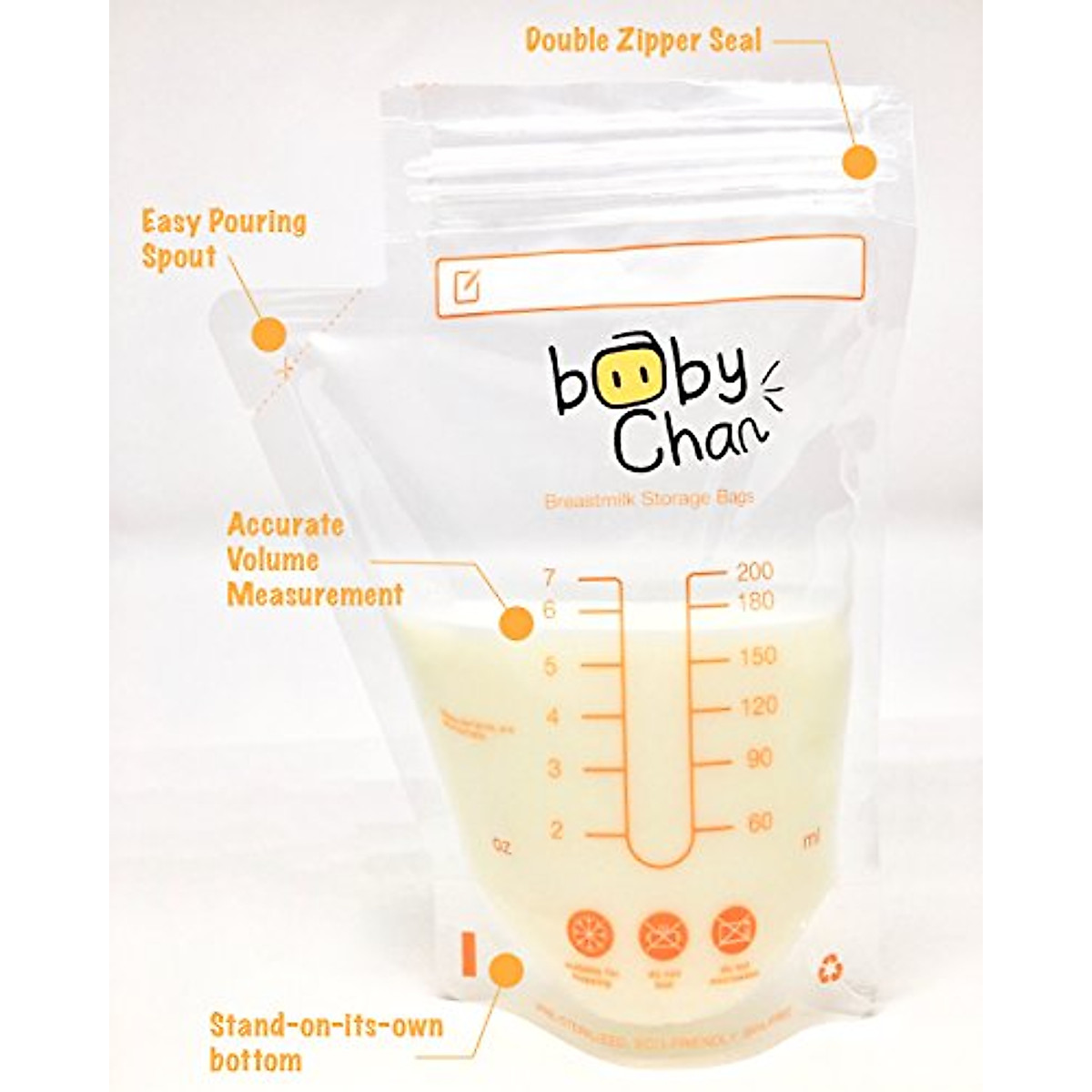 Baby Chan Breast Milk Storage Bags, 100 Count (2 Packs of 50 Bags) with Double Zipper Seal and Convenient Pour Spout, Excellent for Storing and Freezing Breastmilk, Pre-sterilized, BPA and BPS-Free