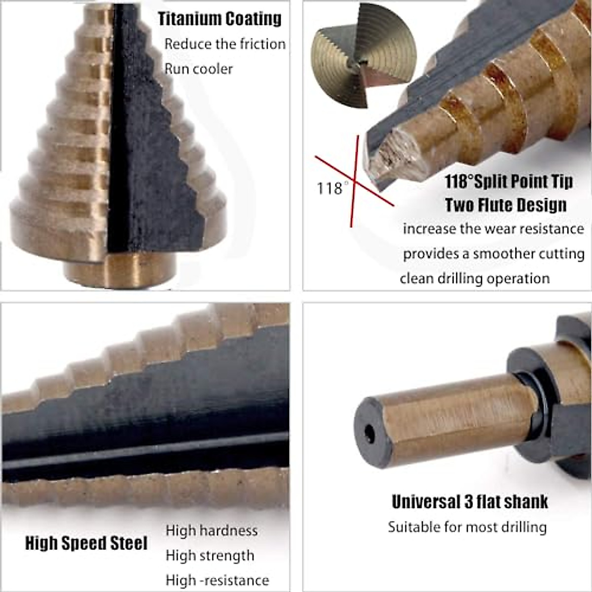 Step Drill Bit Set, 5 Pcs 50 Sizes Cobalt Step Drill Bits for Metal, Wood, Plastic Sheet, Stainless Steel Metric Step Drill Bit, Titanium Stepped Drill Bits