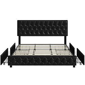 Keyluv Modern Upholstered Bed Frame with 4 Drawers, Faux Leather Platform Bed with Button Tufted Headboard, Solid Wooden Slat Support, Easy Assembly, Queen Size, Black
