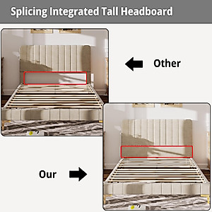 LIKIMIO Upholstered Bed Frame Queen, Velvet Bed Frame Queen Size Bed Frame with Headboard, Boho Bedframe Mattress Foundation, No Box Spring Needed, Beige