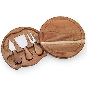 Tungyi Round Slide-Out Acacia Wood Cheese Serving Board and 3 Piece Cheese Tool Set, 7.5 inch Diameter, Ideal for Outdoor Picnic Housewarming Kitchen Personalized Gift