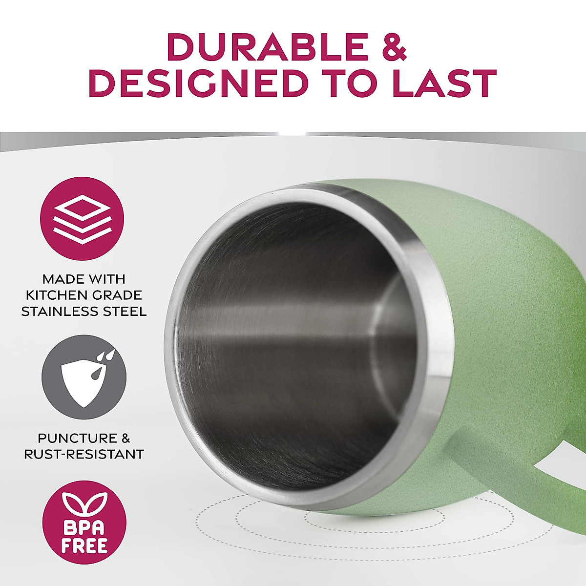 FineDine Double-Wall Stainless Steel, Drinking Cup, Coffee Mugs with Spill-Resistant Lids, Comfortable Handle for Hot & Cold Drinks, Shatterproof Coffee Cups, 14 Ounces