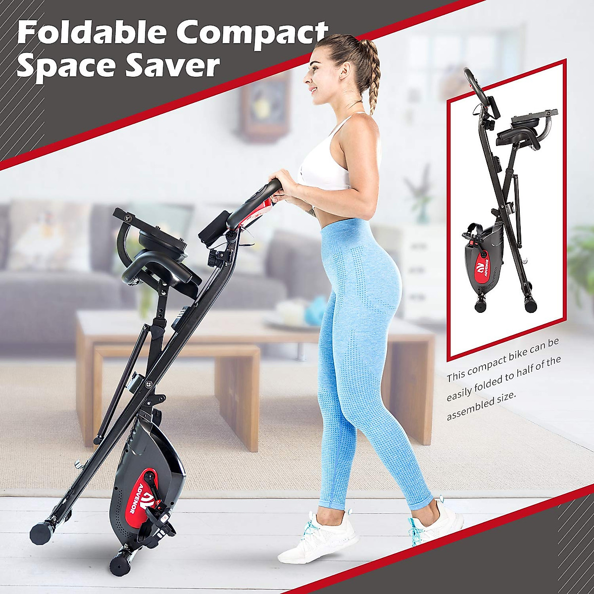 ADVENOR Exercise Bike Magnetic Fitness Bike Cycle Folding Stationary Bike Arm Resistance Band Workout Backrest Extra-Large Seat Cushion Indoor Home Use (2 in 1 Standard Edition, black)