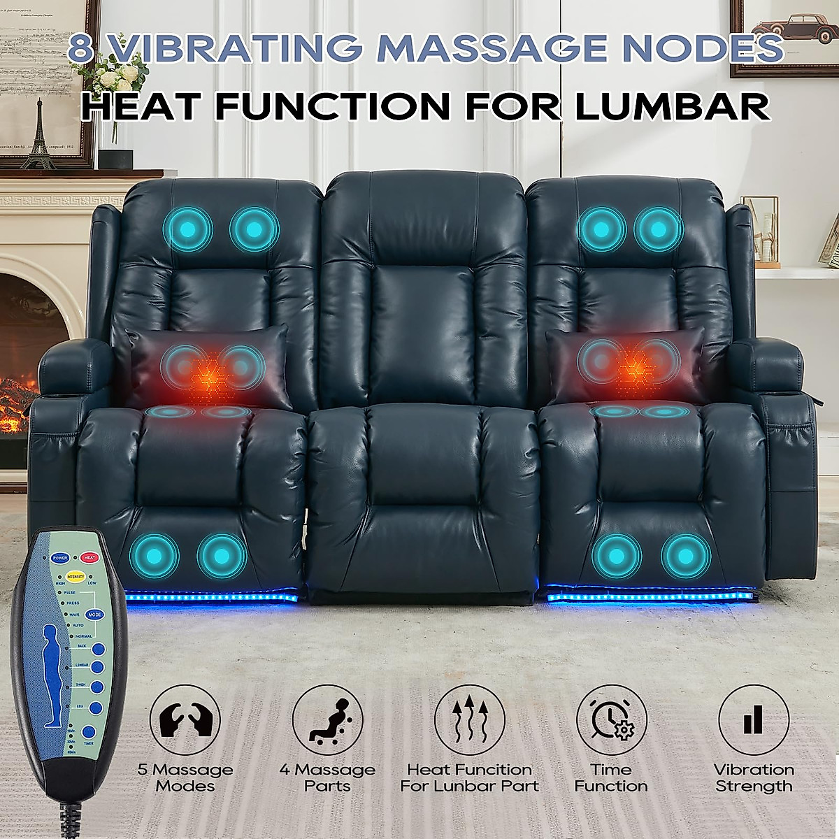 IPKIG Power Loveseat Recliner - 76.8" Reclining Loveseat 3-Seater Recliner Sofa with 4 Colors LED Strip, AC Outlets, USB-A/C Ports and Cup Holders for Living Room Home Theater (Blue, 3-Seater)