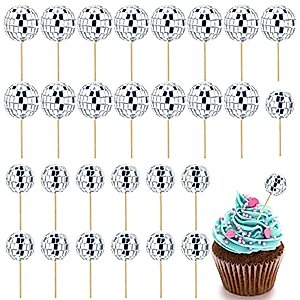 30pcs Disco Ball Cupcake Toppers, Disco Ball with Bamboo Sticks Disco Theme Cake Toppers for Cake Decorations Cupcake Decor Dessert Accessories Disco Party (Silver)