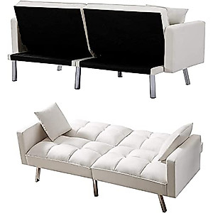 Leiln.z Velvet Convertible Sofa Bed with 2 Pillows, Modern Upholstered Sleeper Sofa Couch with 3 Adjustable Backrests and 2 Armrests, Twin Recliner for Living Room. (Off White)