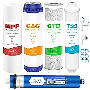 SimPure 5-Stage Reverse Osmosis Replacement Filter Set with 75 GPD RO Membrane, 5pc Pre & Post Replacement Cartridge Pack Kit for Standard 5-Stage Reverse Osmosis RO Systems