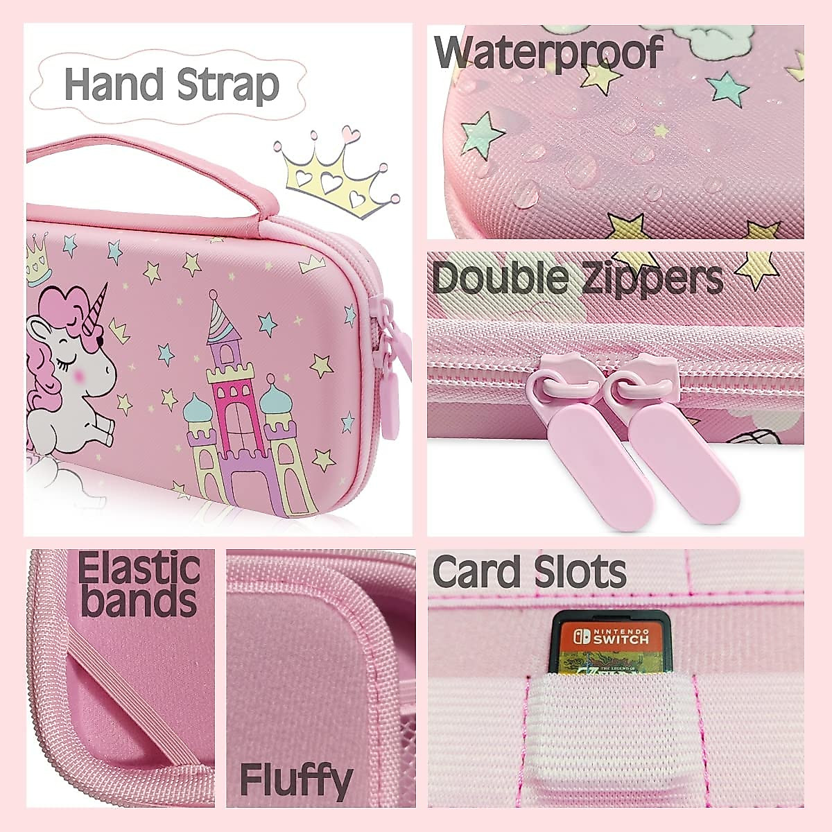 Pink Unicorn Carrying Case Compatible with Nintendo Switch Lite with Crystal Glitter Soft Protective Case Cover+Screen Protector+Stickers, Hard Storage Case Accessories Kit for Girls Birthday Gift