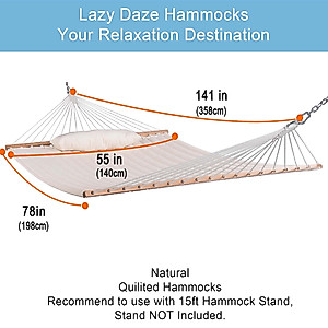 Lazy Daze 12 FT Double Quilted Fabric Hammock with Spreader Bars and Detachable Pillow, 2 Person Hammock for Outdoor Patio Backyard Poolside, 450 LBS Weight Capacity, Dark Cream