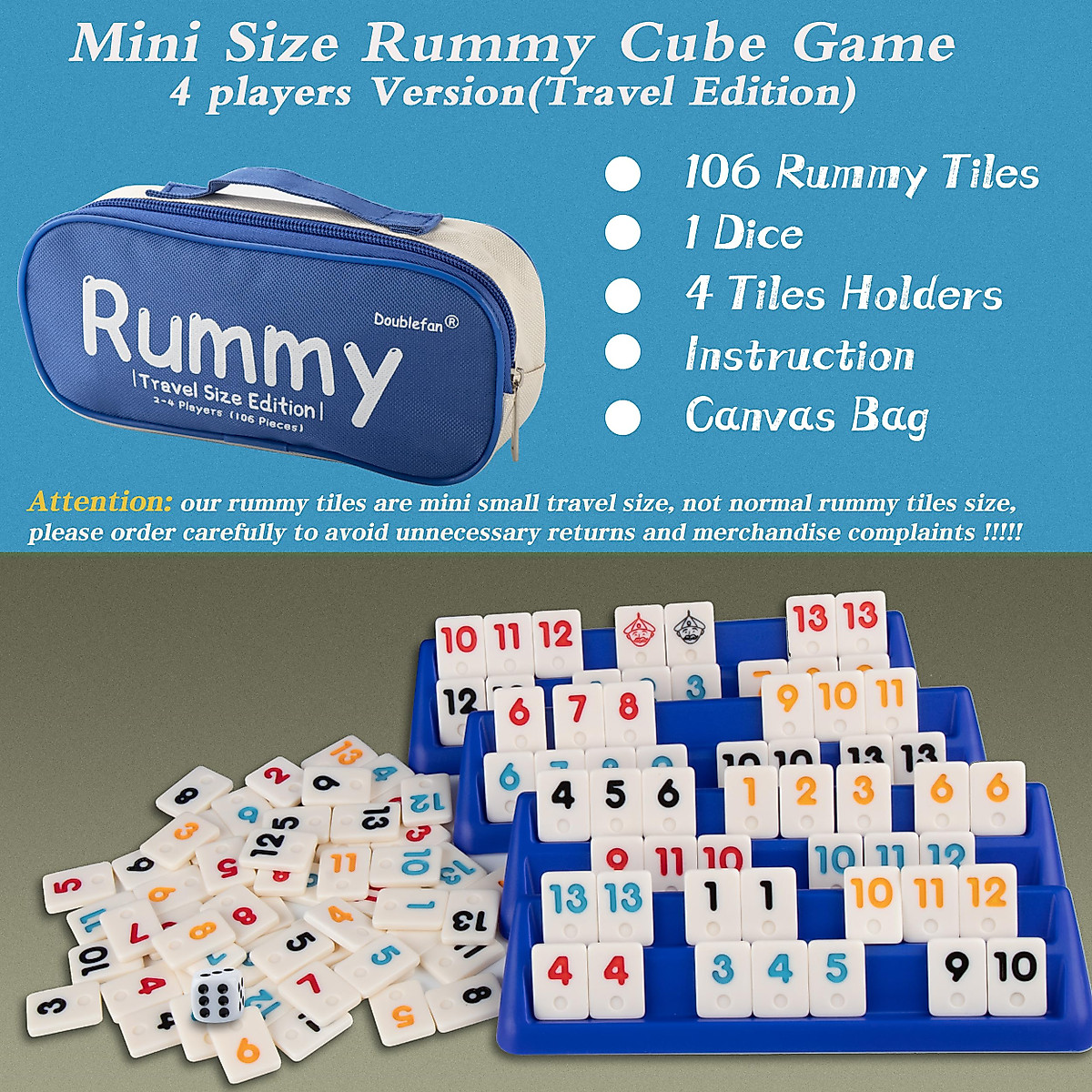 Doublefan Mini Rummy Set,Travel Size Rummy Game with Portable Bag, Mini Rummy Cube Game for Adult and Kids,106 Tiles, 4 Playing Rack, 1 Dice (2-4 Players)