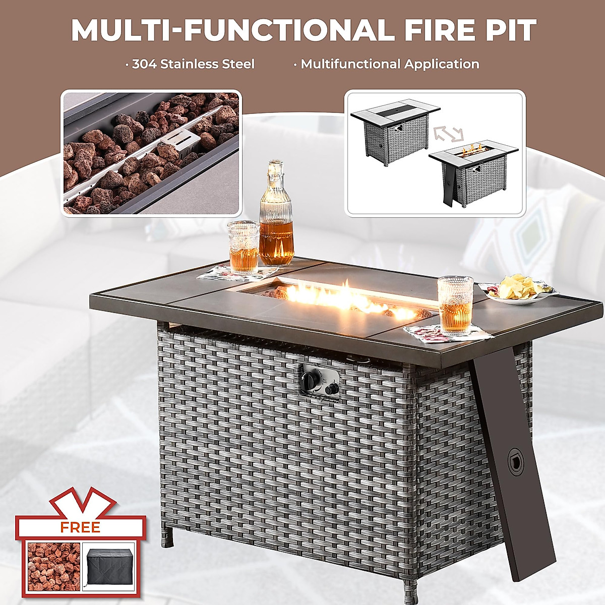 XIZZI Patio Furniture with Swivel Rocking Chairs,10 PCS Outdoor Sectional Sofa with 42" 50000 BTU Propane Fire Pit Table and Side Table,All Weather PE Rattan Outside Conversation Set (Beige)