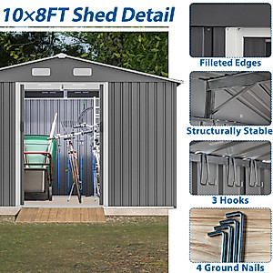 Favfurish 10×8 FT Metal Outdoor Storage Shed, Large Garden Sheds with Metal Foundation & Lockable Doors, All Weather Anti-Corrosion Galvanized Steel Tool House for Backyard Garden Lawn,Grey