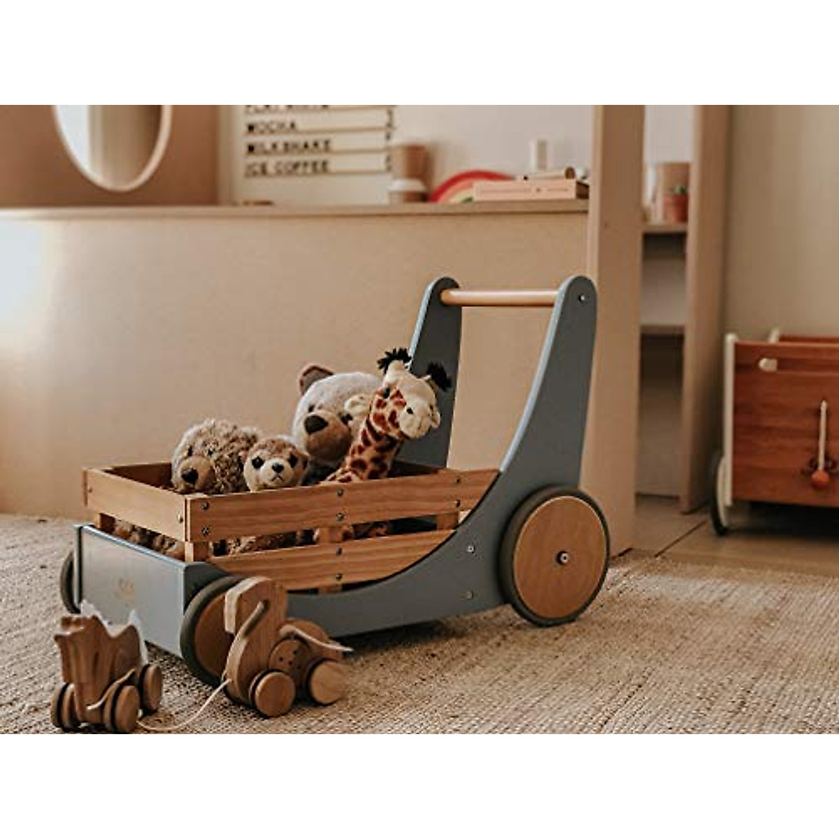 Kinderfeets 2-in-1 Wooden Cargo Walker Cart Wagon with Adjustable Rubber Wheels and Removable Basket for Children and Toddlers (Blue)