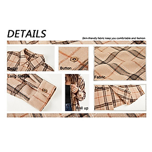 Womens Long Sleeve Flannel Shirts Plaid Flannels lapels Collared Button Down Shacket Casual Rolled Up Boyfriend Blouse Tops Pink