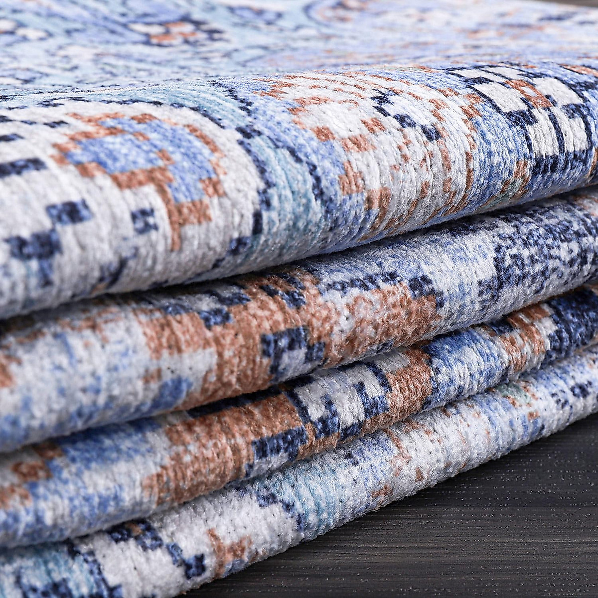 CAMILSON Machine Washable Area Rugs with Non Slip (Anti-Slip) Backing for Living Room Bedroom, Distressed Vintage Washable Rug 5x7, Stain and Water Resistant, Bohemian Indoor Carpet (5 x 7, Blue)