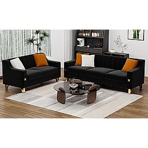 HenleneCoco 2 PCS Black Velvet Sofa Sets with 5 Pillows for Living Room Furniture, Modern Mid Century Tufted Classic Couches Set (1 PC Loveseat & 1 PC 3 Seater Couch)