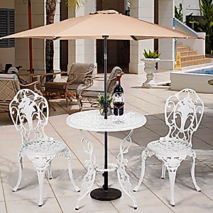 Giantex 3 Piece Bistro Set Cast Tulip Design Antique Outdoor Patio Furniture Weather Resistant Garden Round Table and Chairs w/Umbrella Hole