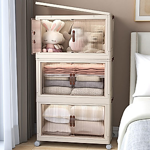 danpinera Storage Bins with Lids - 65QT/16GAL Stackable Storage Bins with Wheels, Collapsible Closet Organizers and Storage, Folding Plastic Storage Bins with Doors for Clothes Storage, Dorm 3 Pack