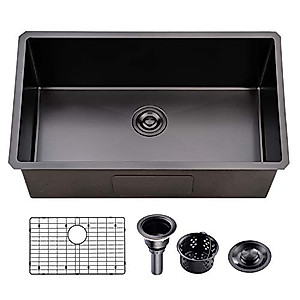 Ufaucet 32 Inch Nano Black Undermount Kitchen Sink, Zero Radius 16-Gauge Stainless Steel Commercial Single Bowl Wet Bar Prep Sink with Drainer and Bottom Grid