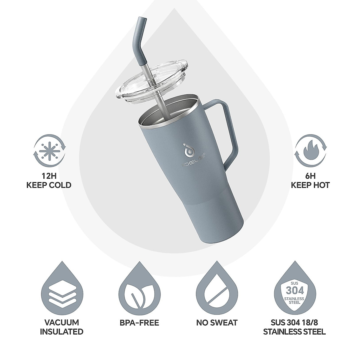 Ideus 32 oz Tumbler with Handle and Straw, 100% Leakproof Insulated Tumbler with Lid and Straw, Gifts for Teens Women Men, Cup Holder Friendly (Gray)