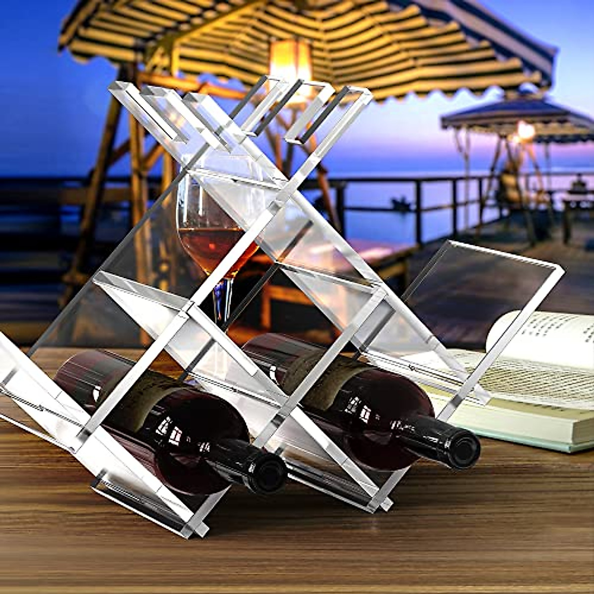 CREHNIL Small Space Acrylic Wine Rack Insert for Cabinet Built in Vertical 3 Bottle Countertop Table Top Bottle with Glass Holder Stand Modern Counter Tower Shelf