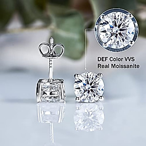 YODEWA Moissanite Stud Earrings for Women 925 Sterling Silver Hypoallergenic Flat Back 1 Pair DEF Color Lab Created Brilliant Round Moissanite Diamond Earrings (Silver 2CT)