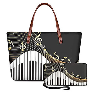 SCRAWLGOD Handbag Tote with Wallet Set for Women, Black and White Piano Keyboard Music 2Pcs Shoulder Bag Wallets Credit Card Holder