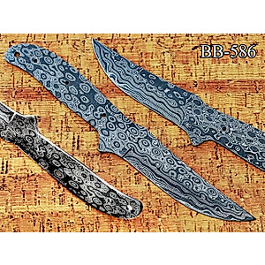 9 inches long Rain drop pattern Damascus steel Trailing point blank blade, knife making supplies, 4.5 inches long straight back scale with 3 pin and a lace holes, 4 inches cutting edge