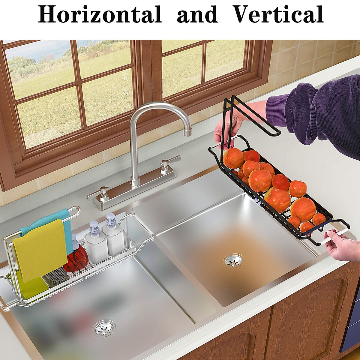 Sink Caddy, Expandable Kitchen Sink Organizer,Stainless Steel Sponge Holder for Kitchen Sink,Over Sink Kitchen Caddy with Dishcloth Towel Holder,Telescopic Sink Rack for Soap,Scrubber Brush (Black)